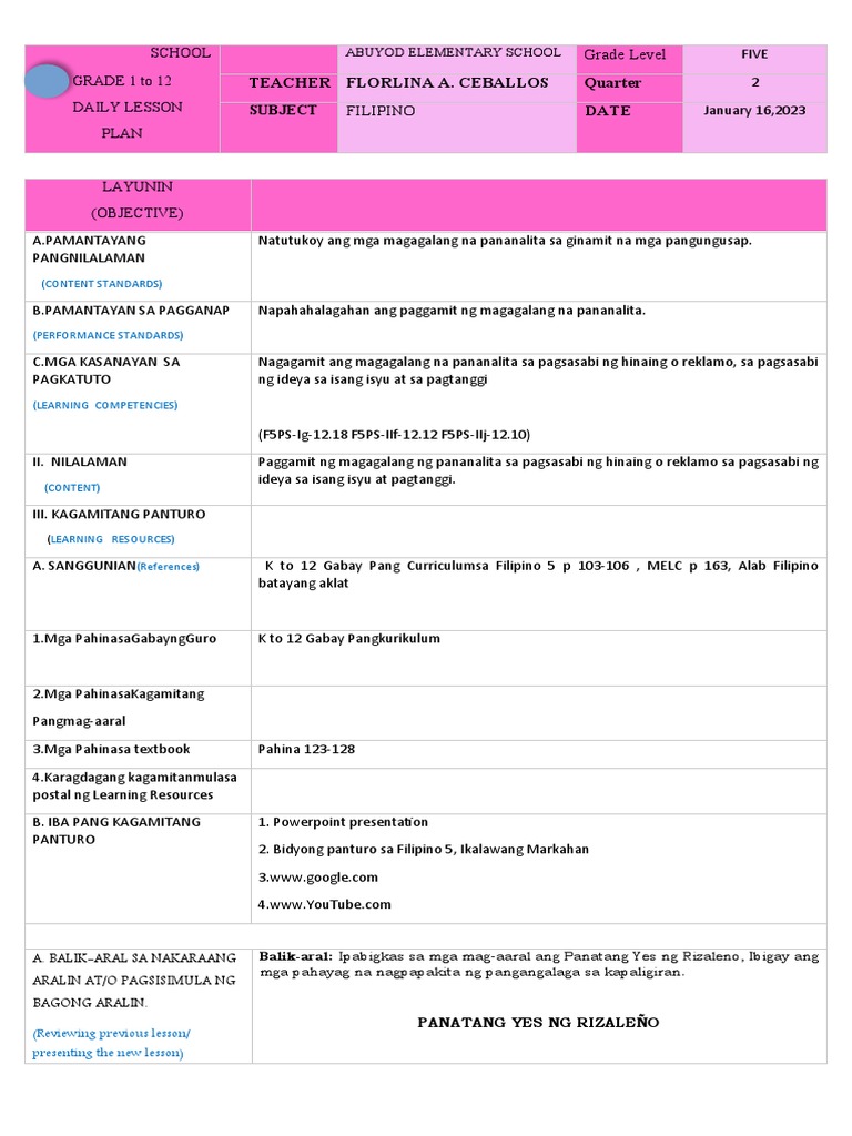 Filipino 5 Q2 Cot 1 DLP | PDF