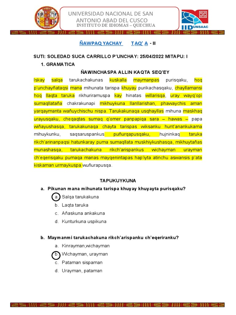 Soledad Suca Carrillo 2do Examen Quechua | PDF