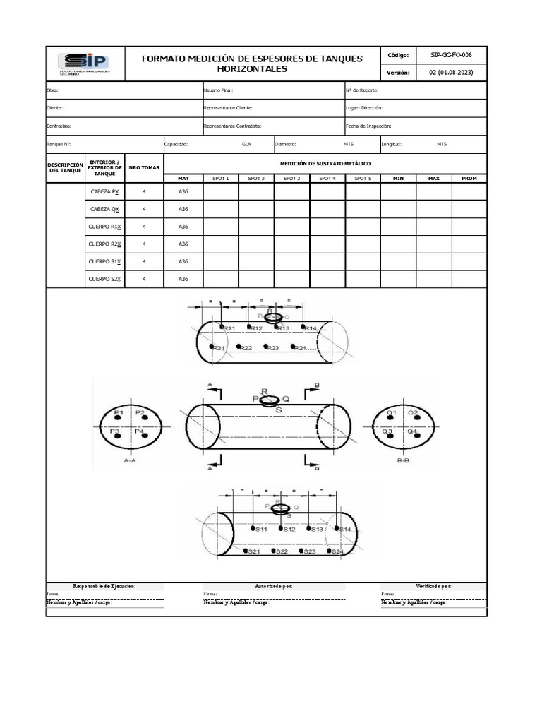 SIP-GC-FO-006 Formato de Medición de Espesores para Tanques H. | PDF