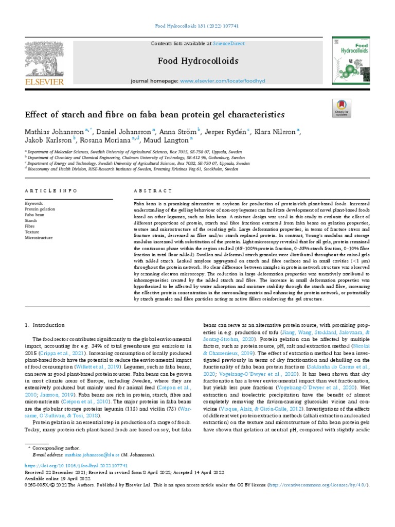 Effect of Starch and Fibre On Faba Bean Protein Gel Characteristics | PDF