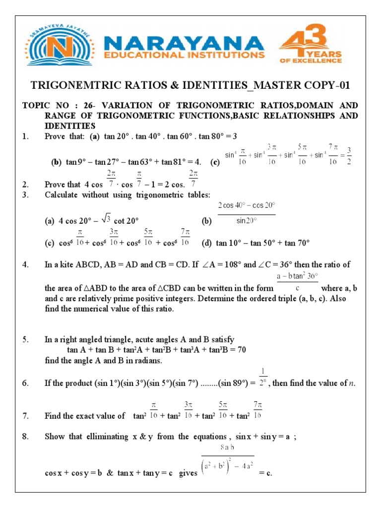 TRIGONEMETRIC RATIOS & IDENTITIES - TOPIC WISE - MASTER COPY-01 - Final | PDF | Trigonometric ...