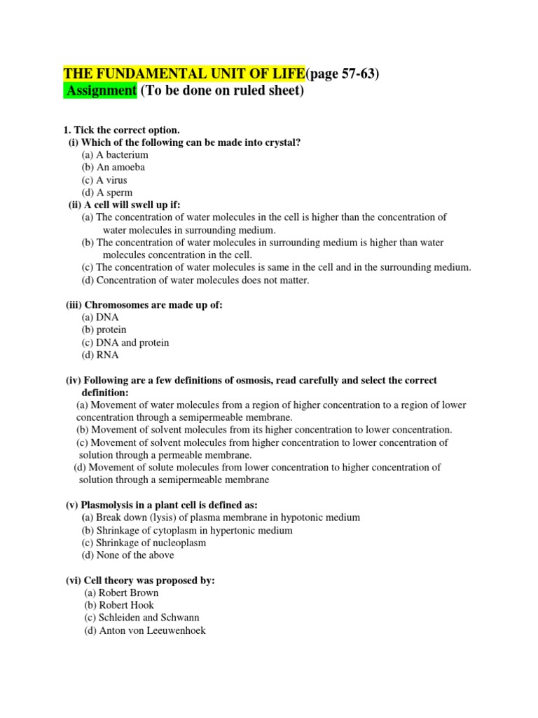 9 Biology - The Fundamental Unit of Life - Assignment | PDF | Osmosis ...
