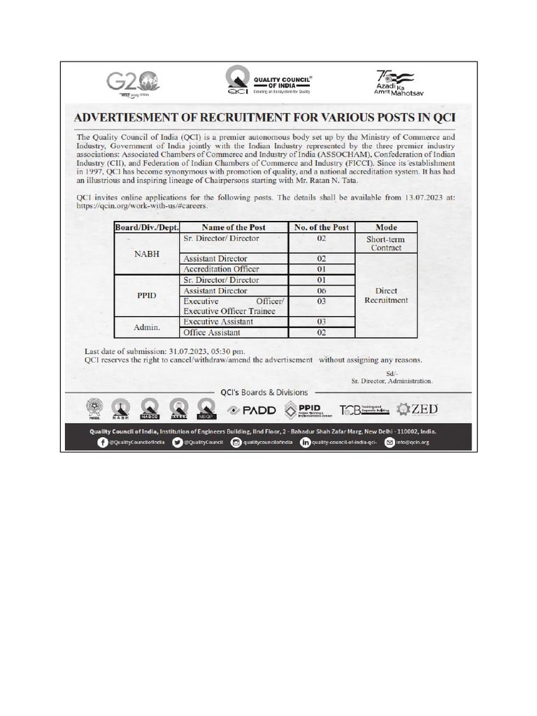 Advt. For Various Posts in QCI - 15july | PDF