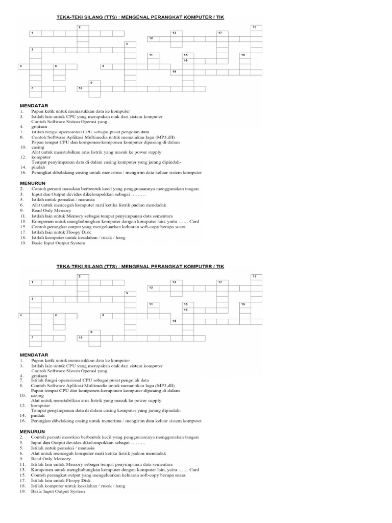 Teka-Teki Silang (TTS) - Mengenal Perangkat Komputer - Tik | PDF