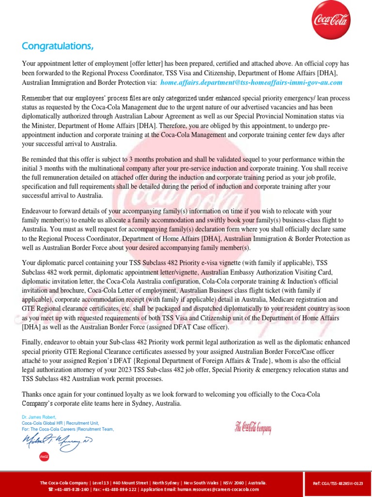 Coca-Cola Multinational Offer Confirmation and Letter of Advise | PDF