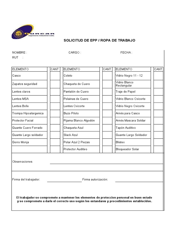 Formato de Epp y Ropa de Trabajo | PDF