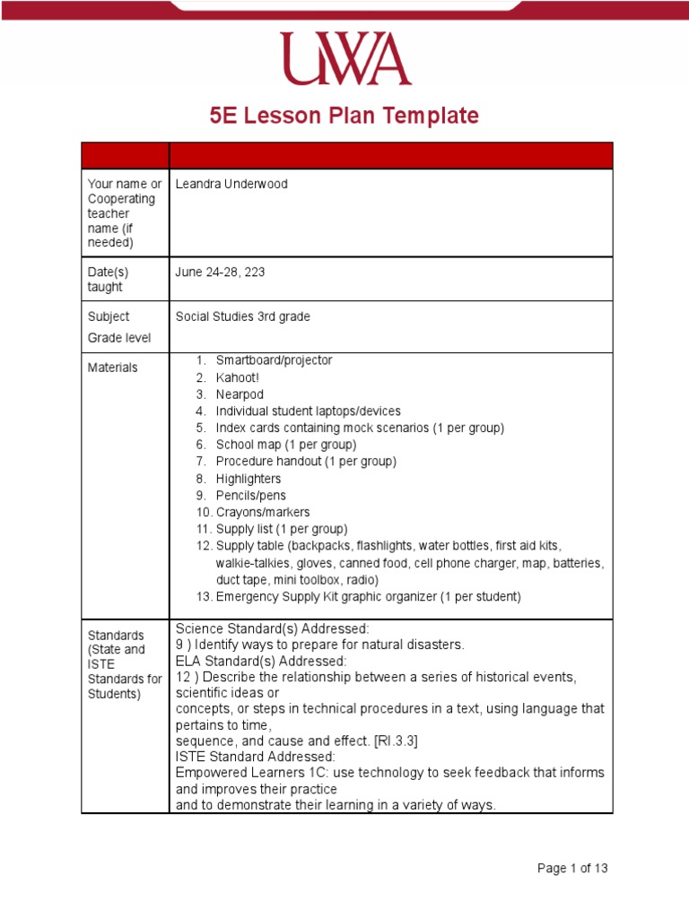 Underwood Ed508-5e-Lesson-Plan 1 | PDF | Emergency Management | Teachers