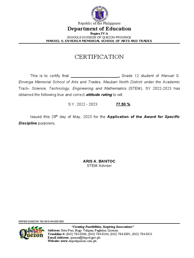 Attitude and Discipline Certification | PDF | Learning | Cognition