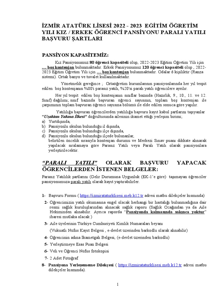 Parali Yatili Pansiyon Basvurusu 2022 2023 Egitim Ogretim Yili | PDF Parali Yatili Pansiyon Basvurusu 2022 2023 Egitim Ogretim Yili | PDF