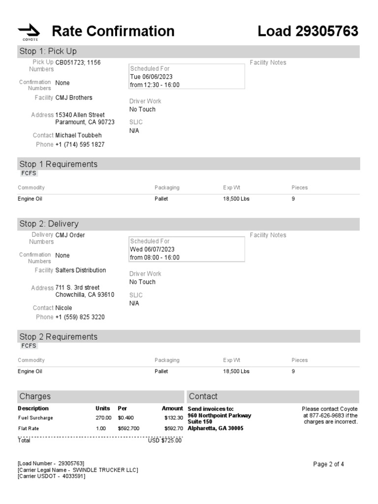 Rate Confirmation For Load #29305763 - Removed | PDF | Service ...