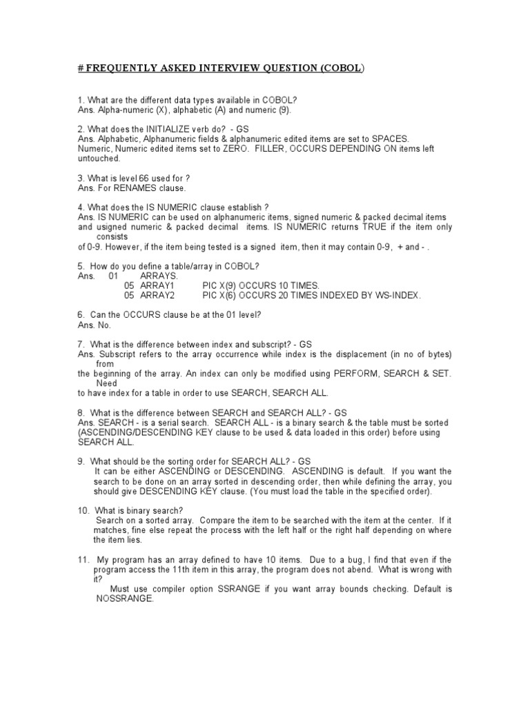 # Frequently Asked Interview Question (Cobol) | PDF | Database Index | Sql