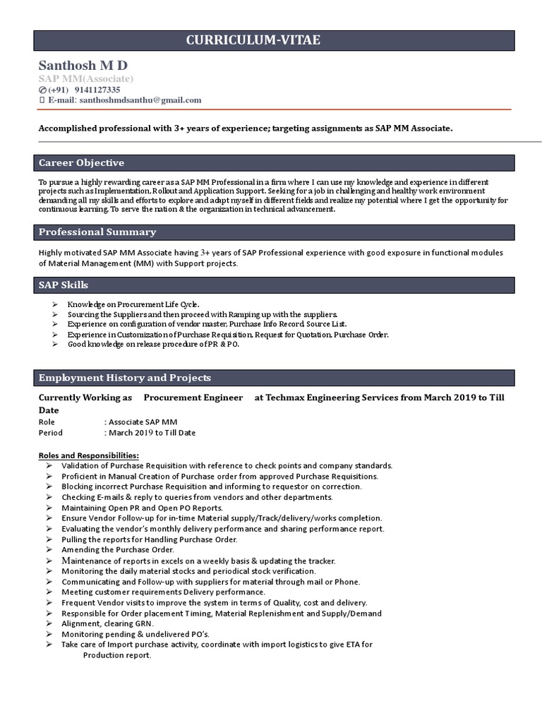 SAP MM Associate CV - Santhosh M D | PDF