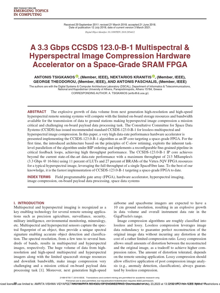 2021 - A 3.3 Gbps CCSDS 123.0-B-1 Multispectral Amp Hyperspectral Image Compression Hardware ...