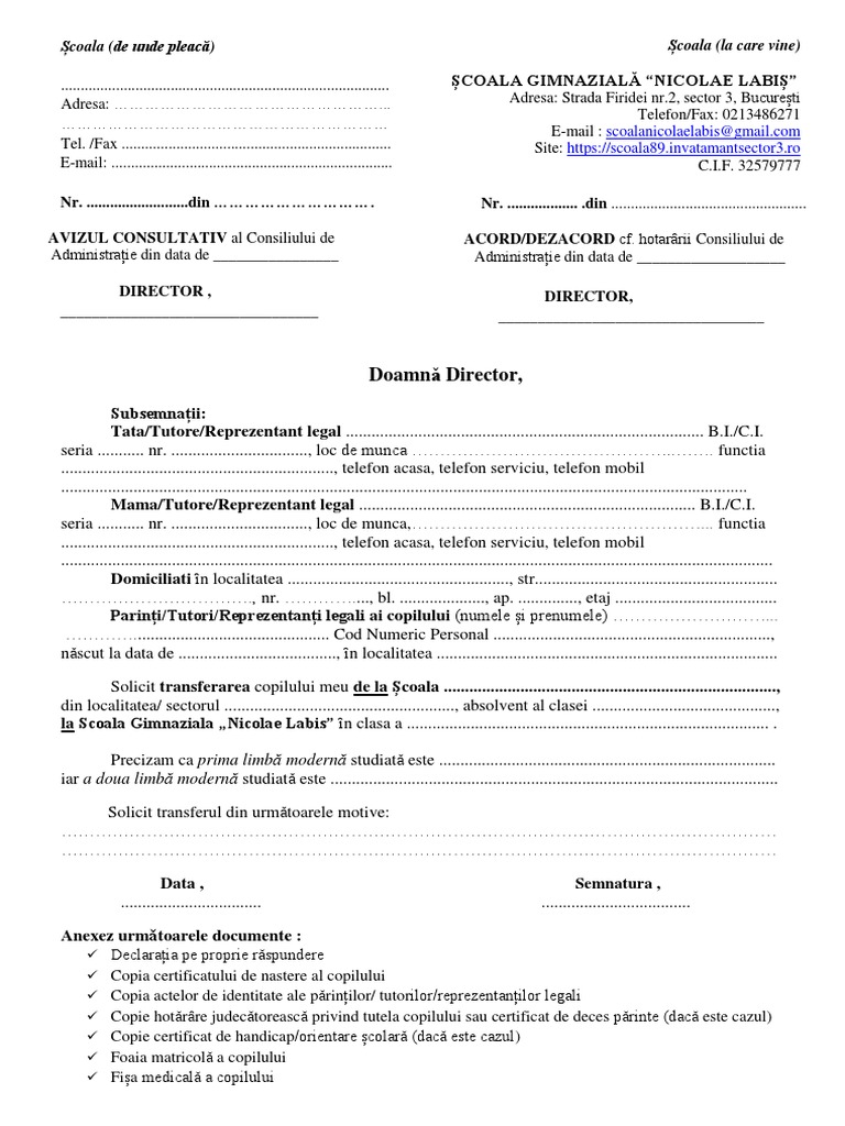 Cerere de TRANSFER Elev Declaratie | PDF