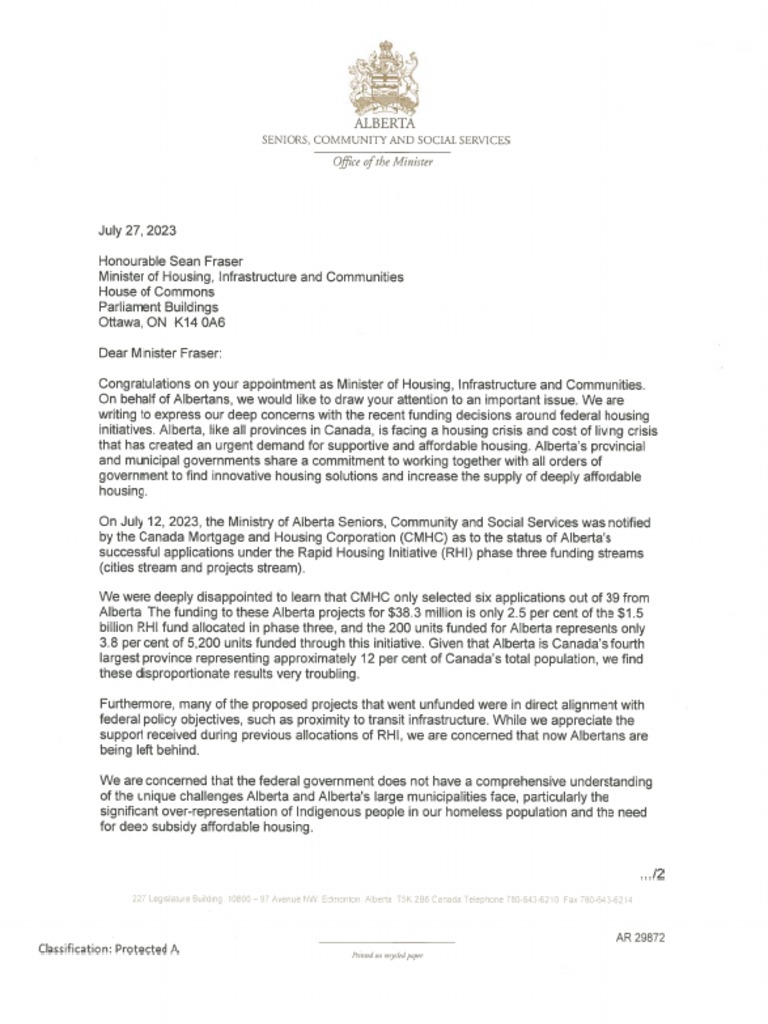 Calgary, Edmonton Housing Letter To Federal Government | PDF