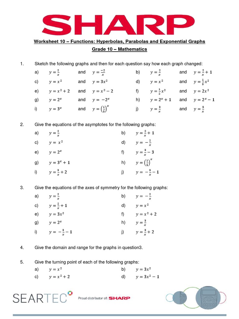 Worksheet 10 Hyperbolas Parabolas and Exponential Graphs Grade 10 ...
