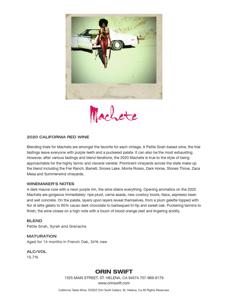 Orin Swift Machete - Sell Sheet | PDF