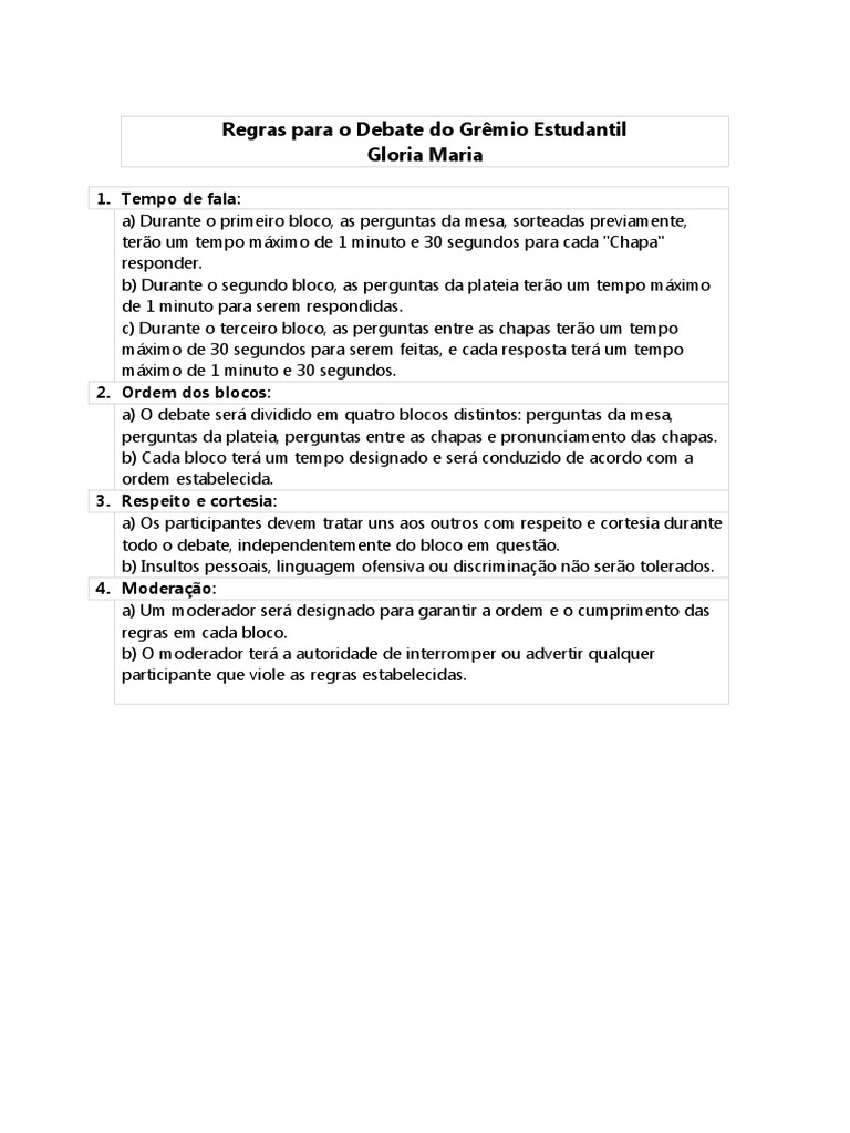 Regras para o Debate Do Grêmio Estudantil | PDF