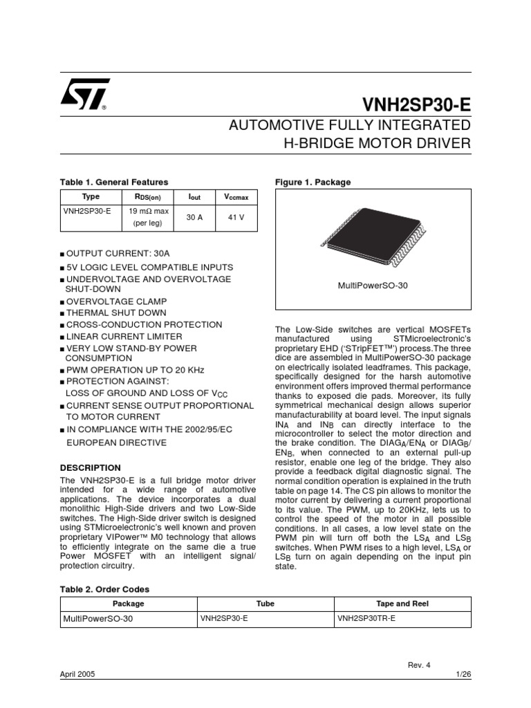 VNH2SP30-E: Automotive Fully Integrated H-Bridge Motor Driver | PDF ...