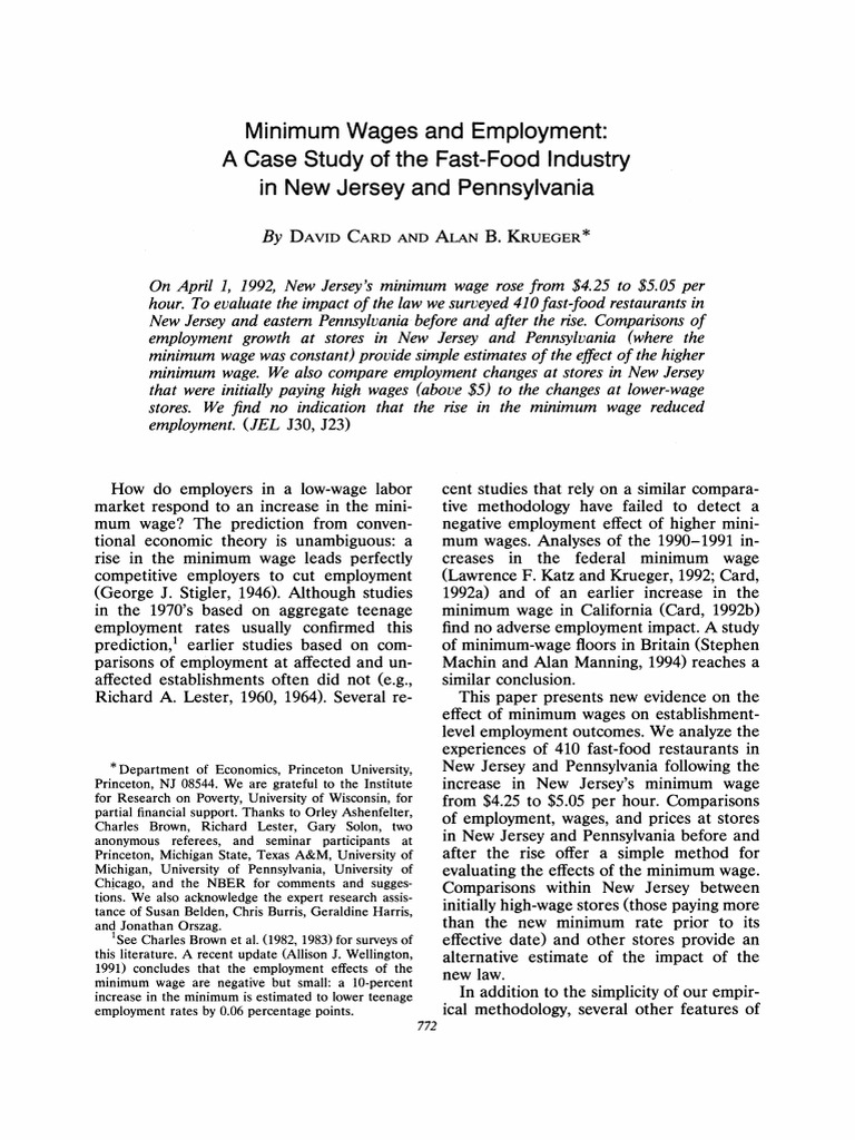 Minimum Wages and Employment: A Case Study of The Fast-Food Industry | PDF