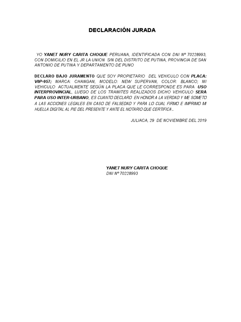 Declaracion Jurada Cambio de Uso de Vehiculo | PDF