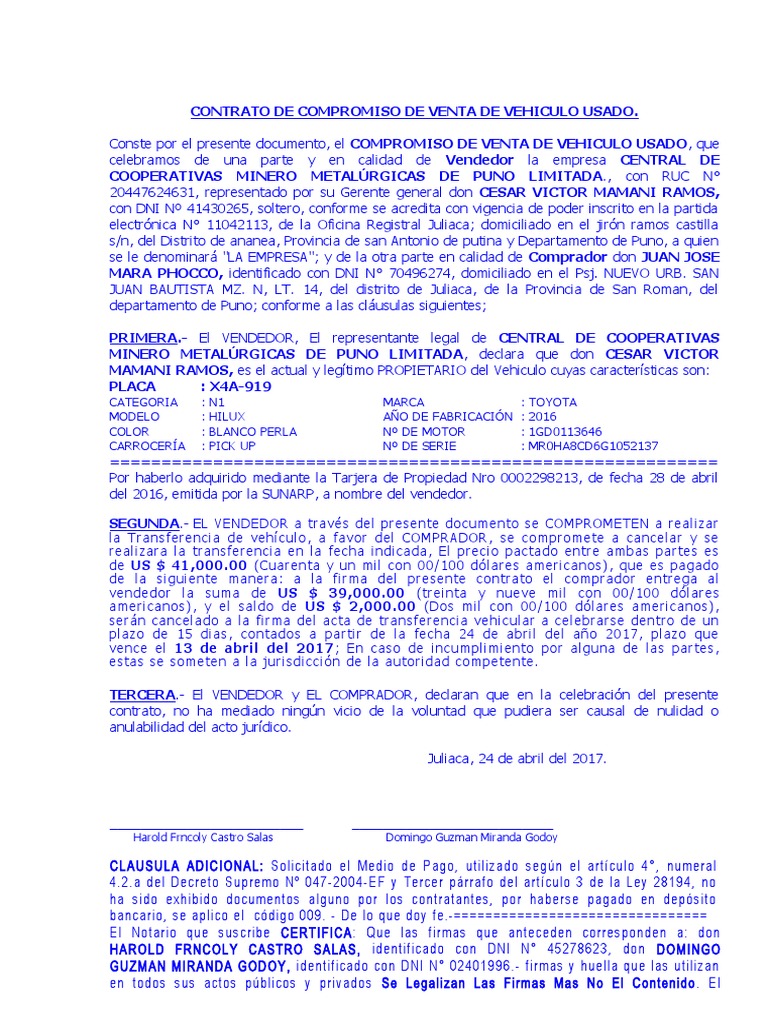 Cont. Compromiso Venta Vehiculo 2016 | PDF