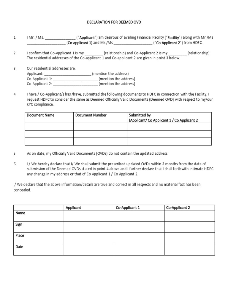 Declaration For Deemed Ovd | PDF
