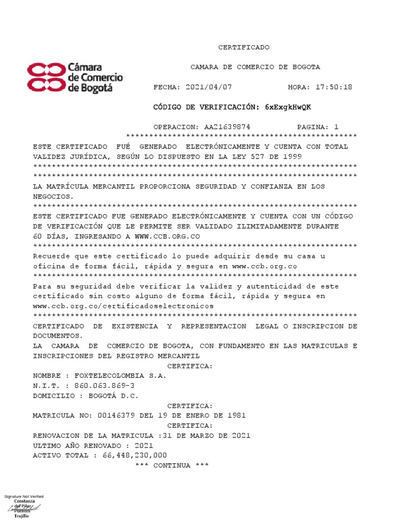 M.104. Certificate of Existence and Legal Representation | PDF