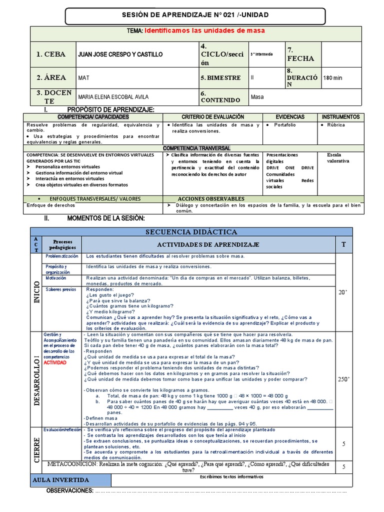 UD-III Sesion 21-MAT 3° Interm Identificamos Las Unidades de Masa | PDF