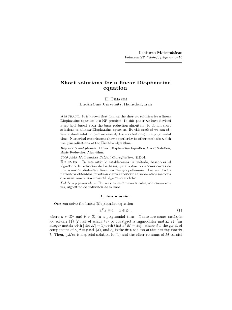 Short Solutions For A Linear Diophantine Equation Pdf 