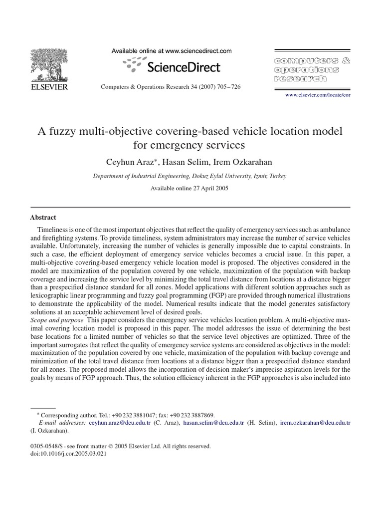 A Fuzzy Multi Objective Covering Based Vehicle Location Model Pdf Mathematical Optimization