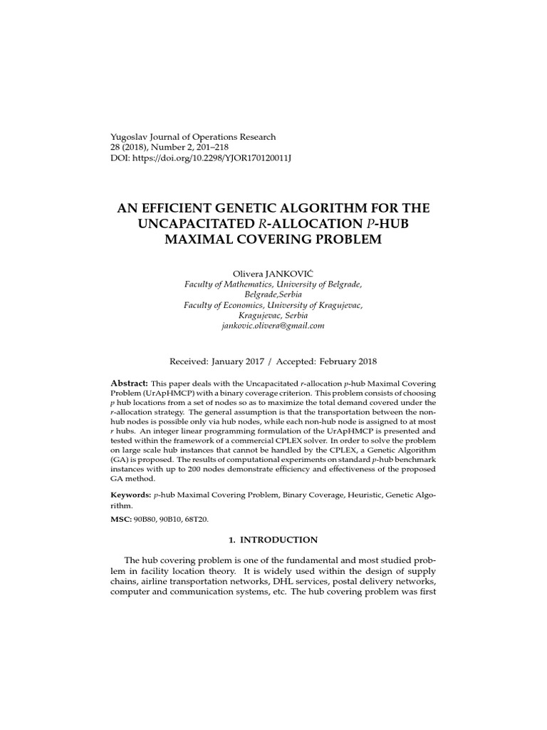 An Efficient Genetic Algorithm For The Uncapacitated Rallocation Phub Maximal Covering ...
