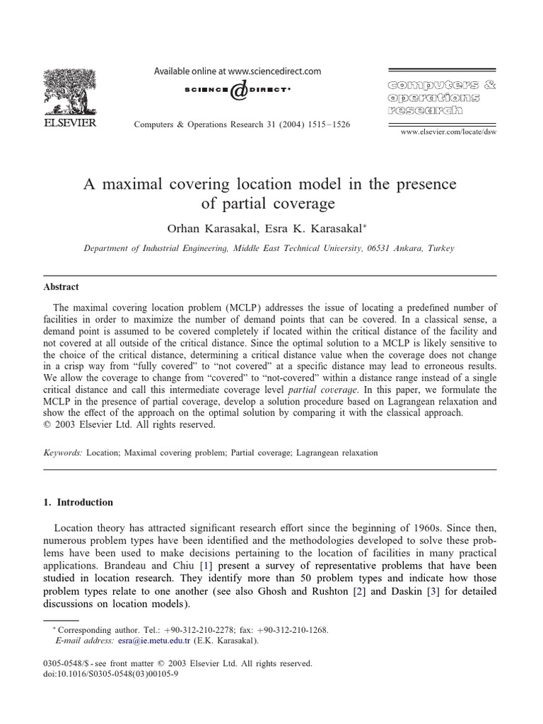 A Maximal Covering Location Model In The Presence Of Partial Coverage Pdf Mathematical