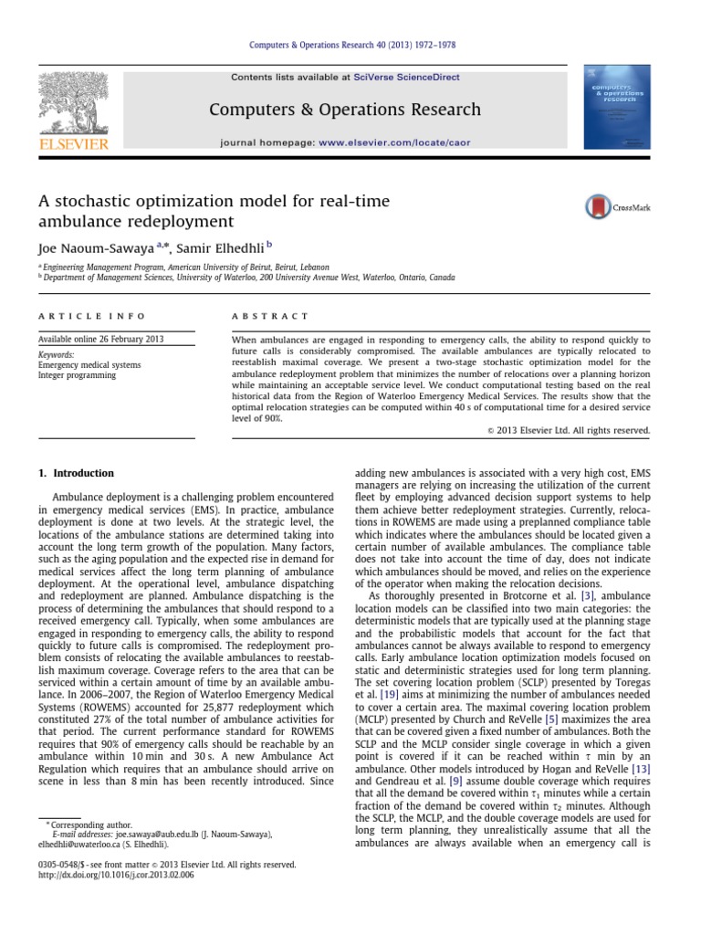 A Stochastic Optimization Model For Real Time Ambulance Redeployment Pdf