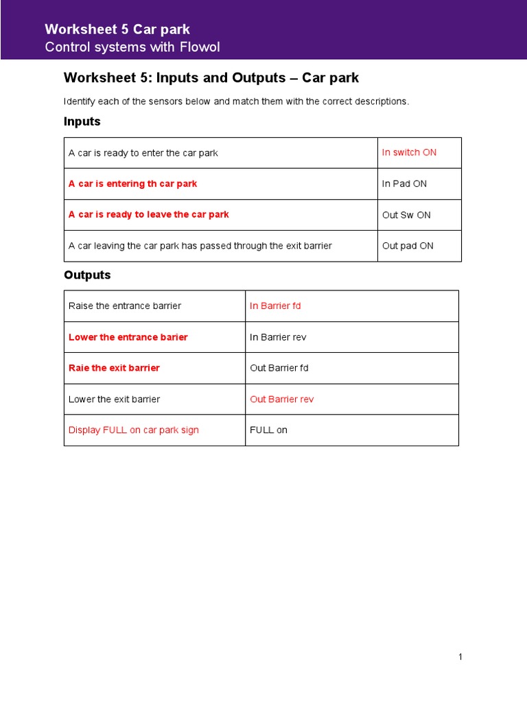 Lesson 5 Flowol Worksheet 5 Car Park | PDF