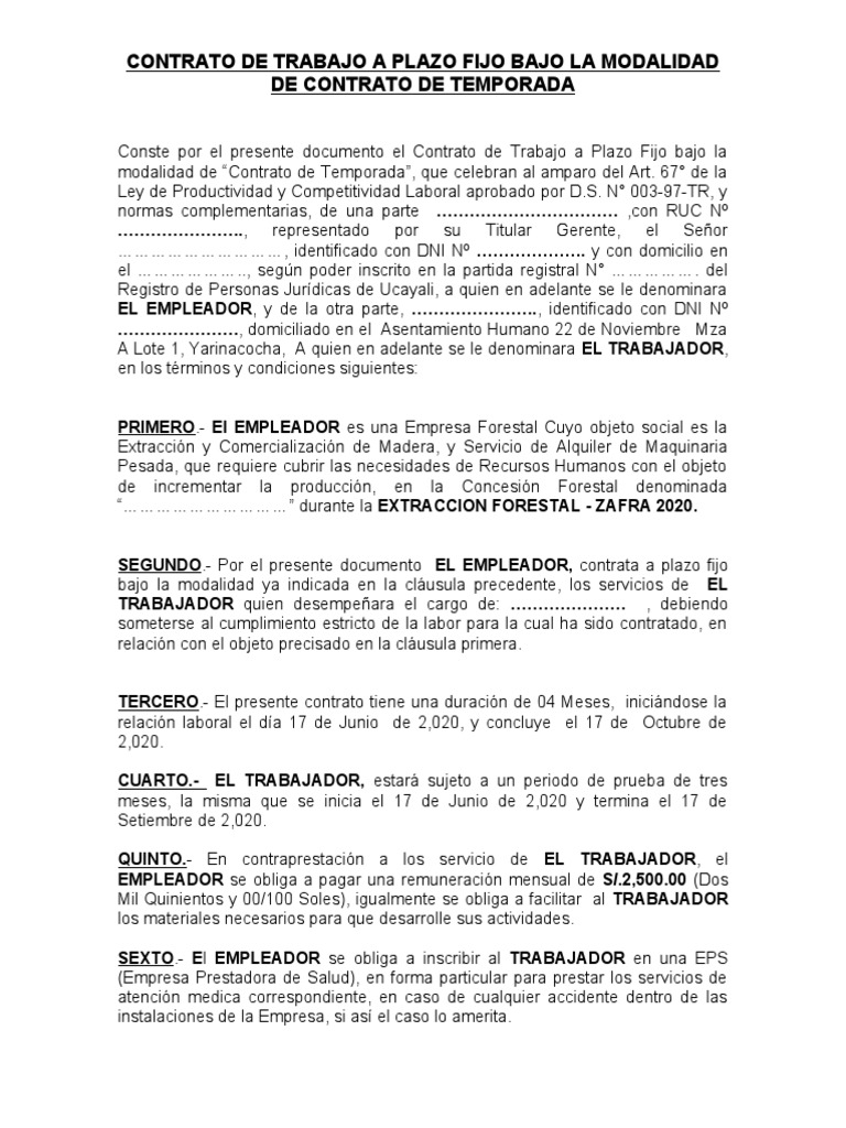 Contrato de Trabajo A Plazo Fijo Bajo La Modalidad de Contrato de Temporada | PDF
