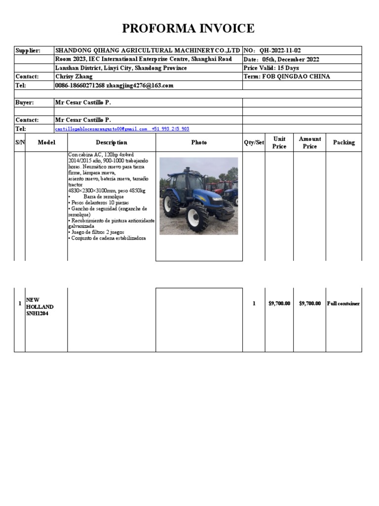 Proforma Invoice for Agricultural Equipment | PDF