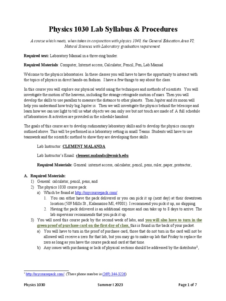 Phys - 1030 - Syllabus - Summer 2023 2 | PDF