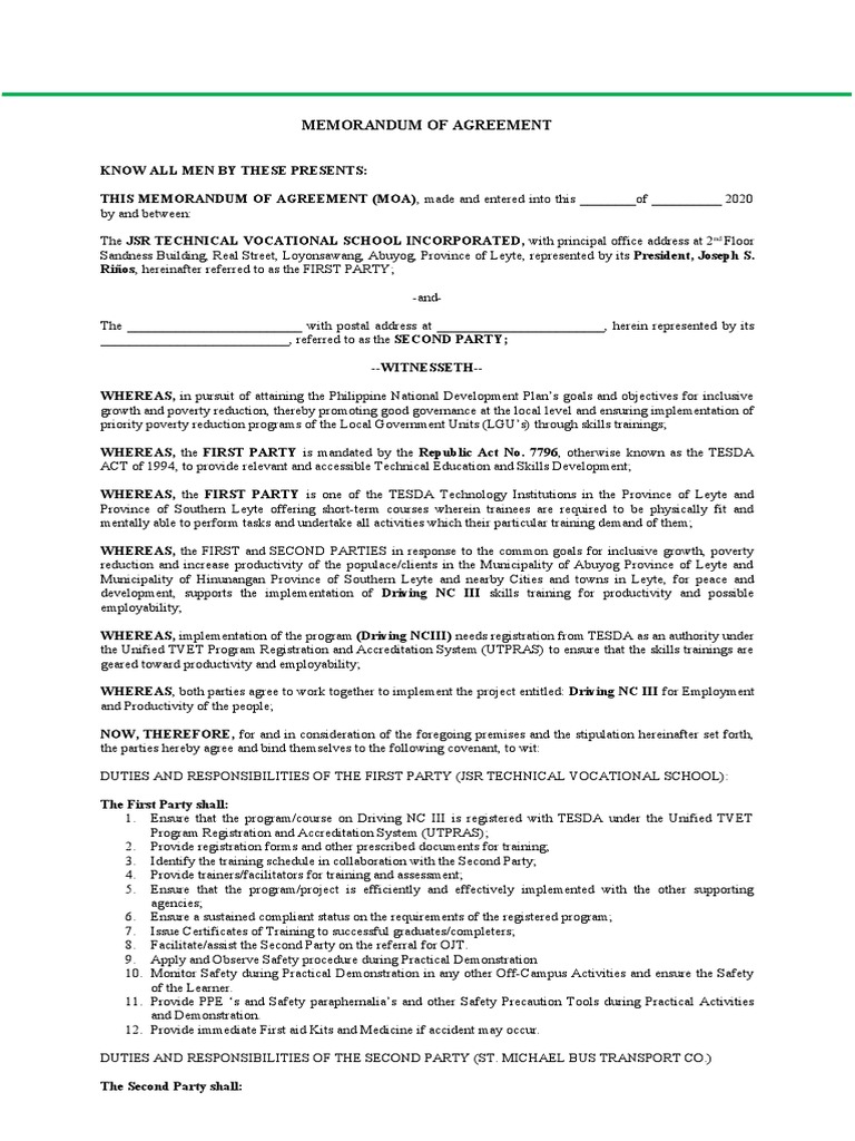 Driving NC Iii Bus Moa | PDF | Vocational Education | Government
