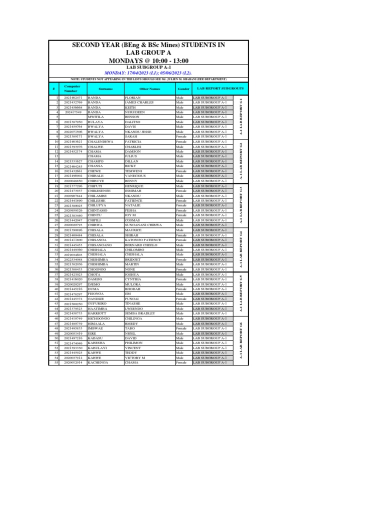 Lab Group A Student List | PDF