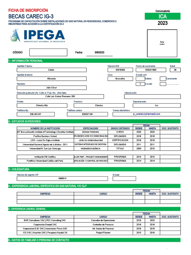 IG3 CAREC - Ica 2023. - Ficha de Inscripción | PDF