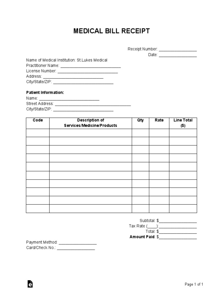 Medical Bill Receipt Template | PDF