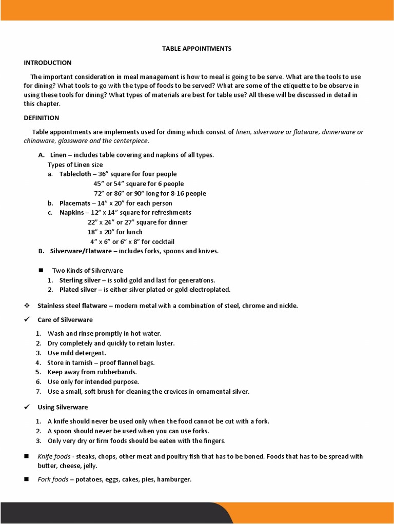 Essentials of Table Appointments | PDF | Tableware | Food Preservation