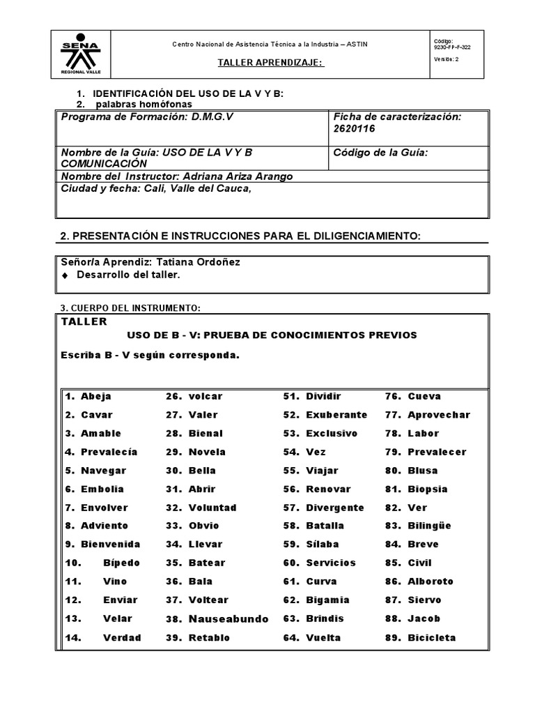 Taller de Uso de B y V en Español | PDF