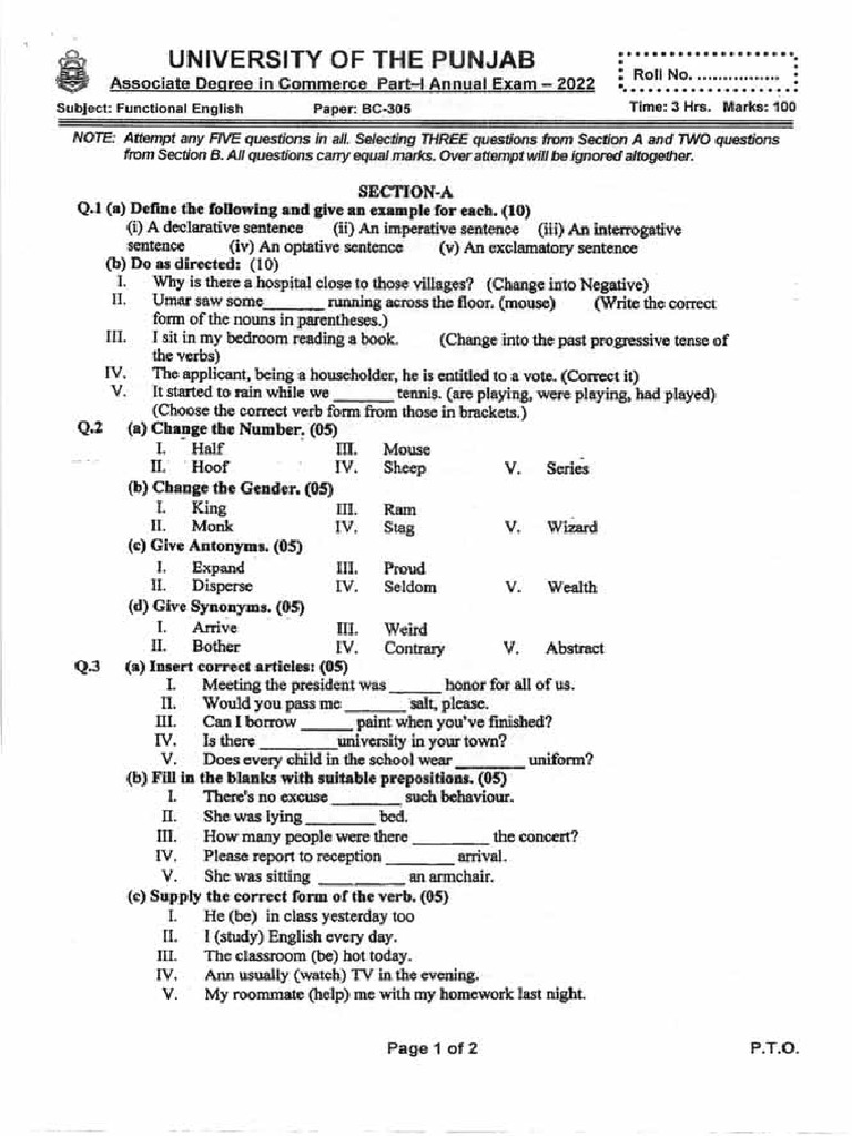 BC-305 Functional English Exam Paper | PDF
