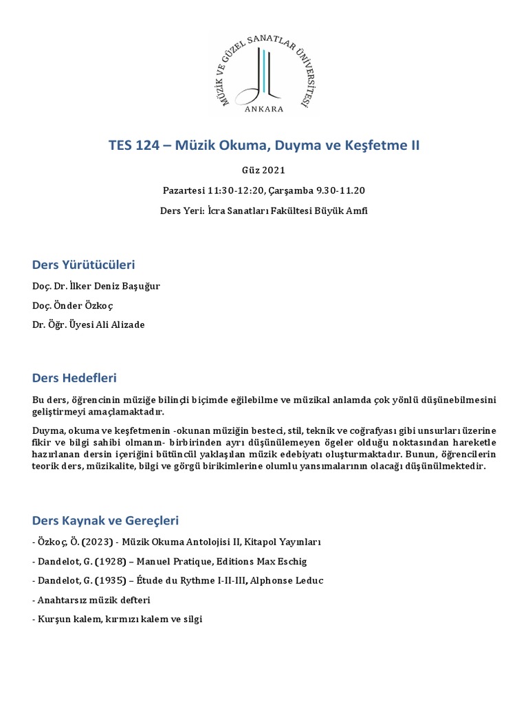 TES124 Müzik Okuma, Duyma Ve Keşfetme Dersi II - Bilgi Paketi REVİZE | PDF