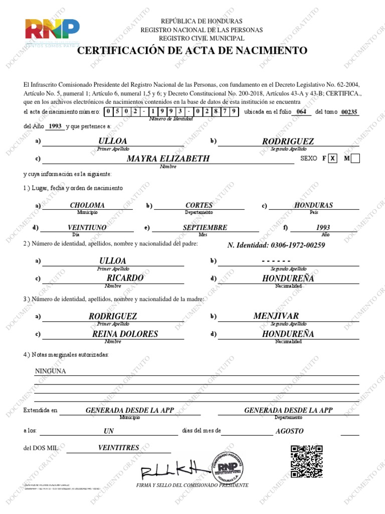Certificación de Acta de Nacimiento: Ulloa Mayra Elizabeth Rodriguez | PDF | Derechos humanos ...