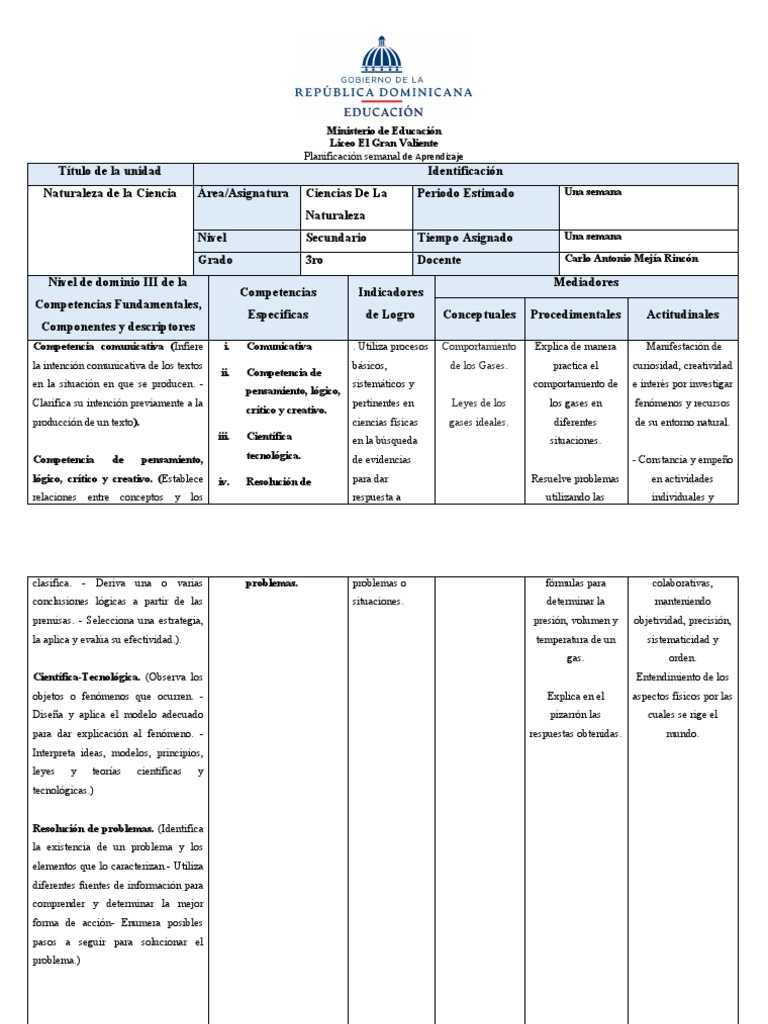 Planificación Semanal: Ciencias Gases Ideales | PDF