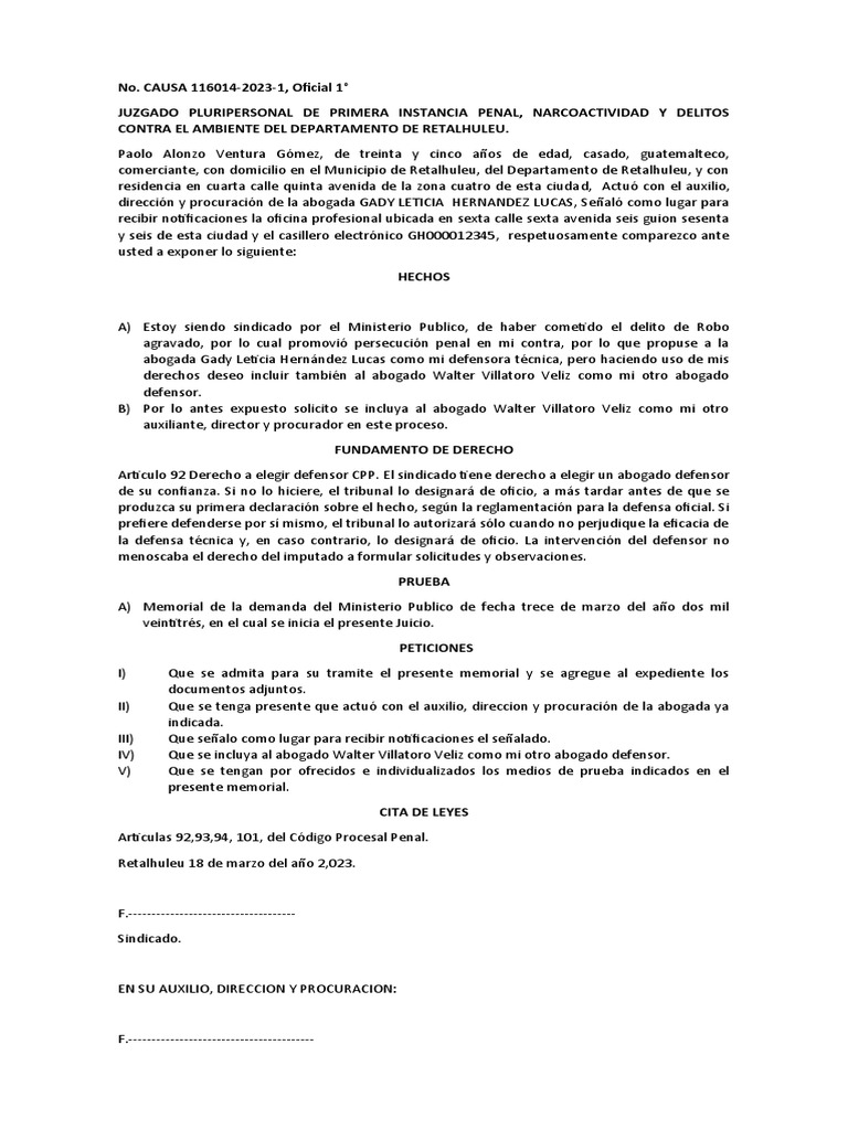 Memorial para Incluir Abogado | PDF | Demanda judicial | Ley Pública