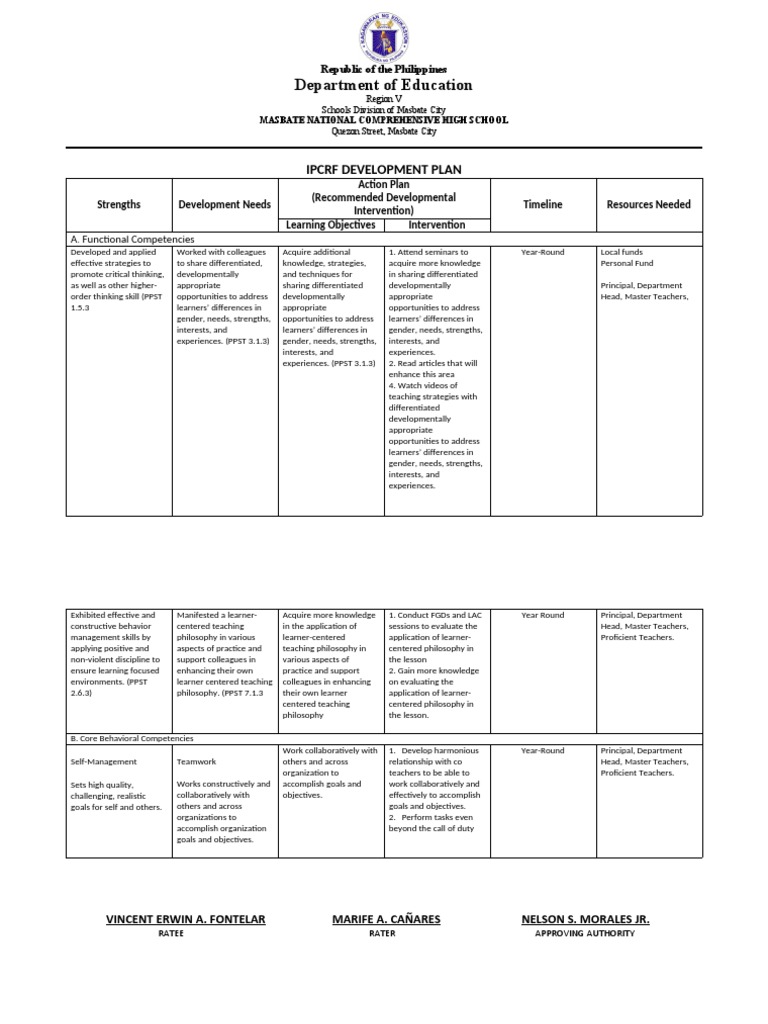 IPCRF-Development Plan | Download Free PDF | Learning | Teachers